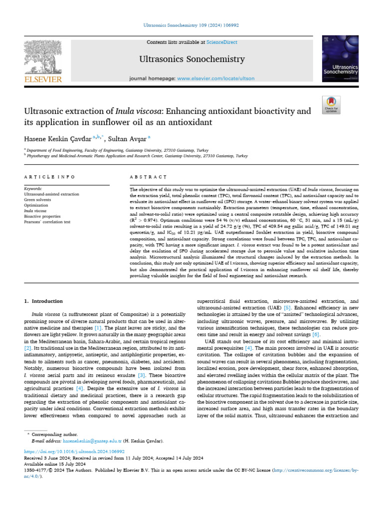 Ultrasonic Extraction of Inula Viscosa: Enhancing Antioxidant ...