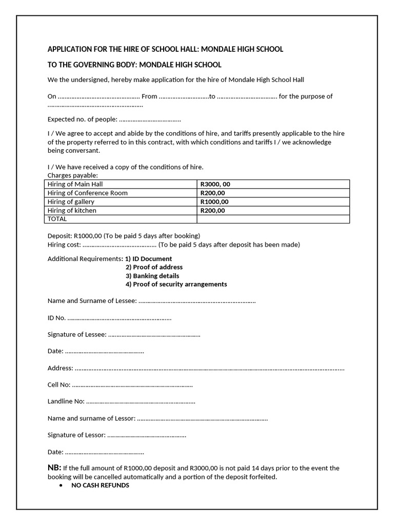 Application For The Hire of School Hall | PDF | Lease | Common Law