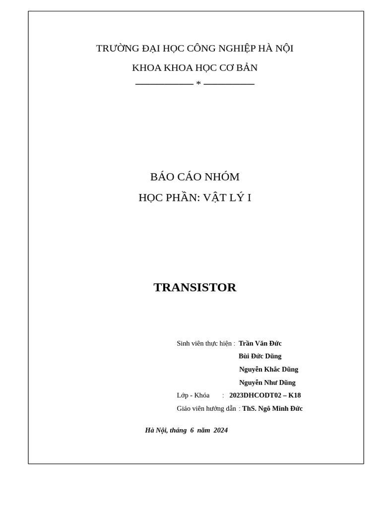 Báo Cáo Thí Nghiệm Vật Lý 1 Transitor | PDF