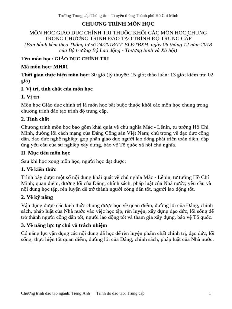 Chuong Trinh Mon Hoc - TA - 2022 | PDF