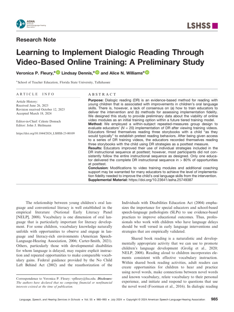Fleury Et Al 2024 Learning To Implement Dialogic Reading Through Video Based Online Training A ...