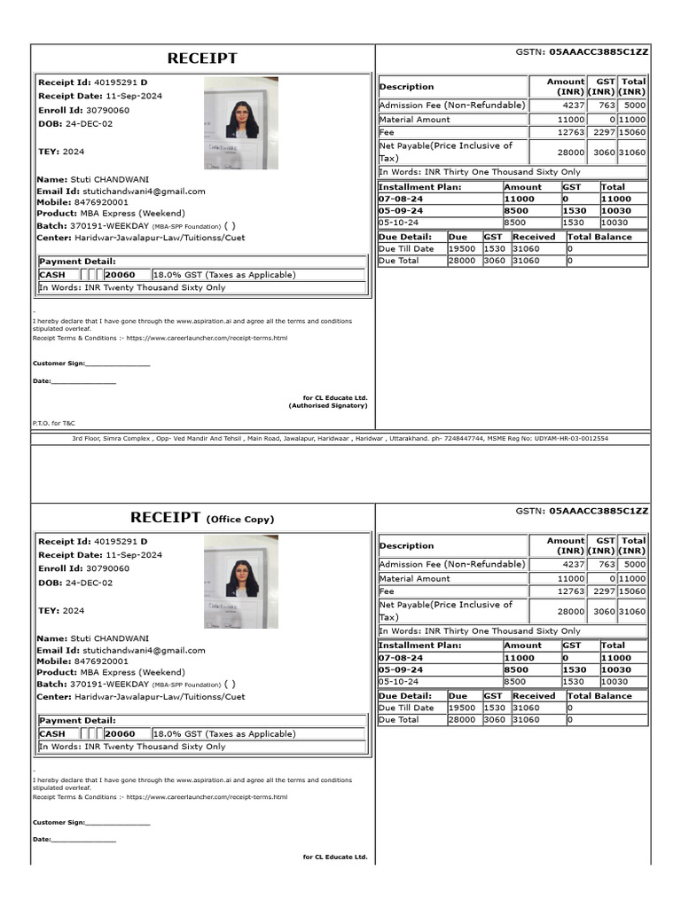 Career Launcher Payment Receipt Online | PDF | Receipt | Payments