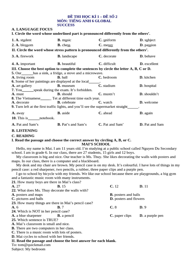 Đề thi TA HKI - Lớp 6 (đề 2) | PDF