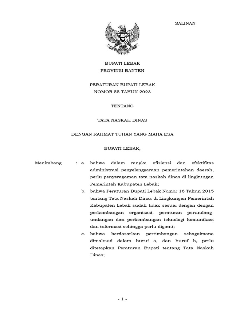 (Salinan) Peraturan Bupati Nomor 55 Tahun 2023 Tentang Tata Naskah Dinas | PDF