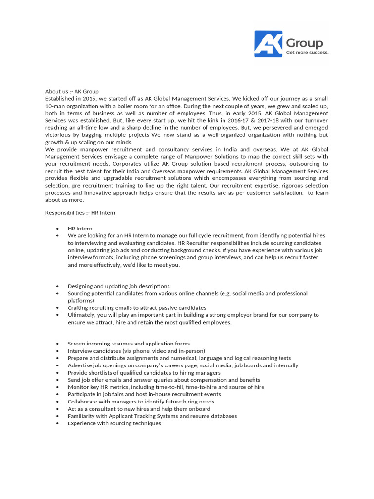 JD-HR Intern AK Group | PDF | Recruitment | Résumé