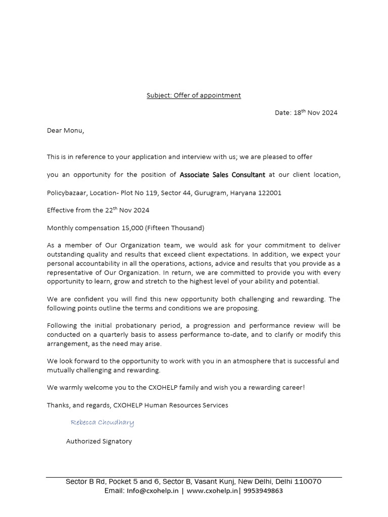 Monu Offer Letter - CXOHELP | PDF