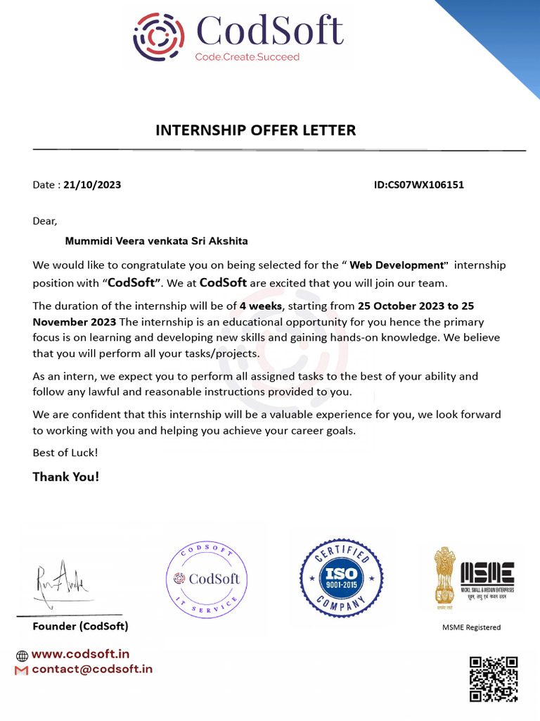 Codsoft Offer Letter | PDF