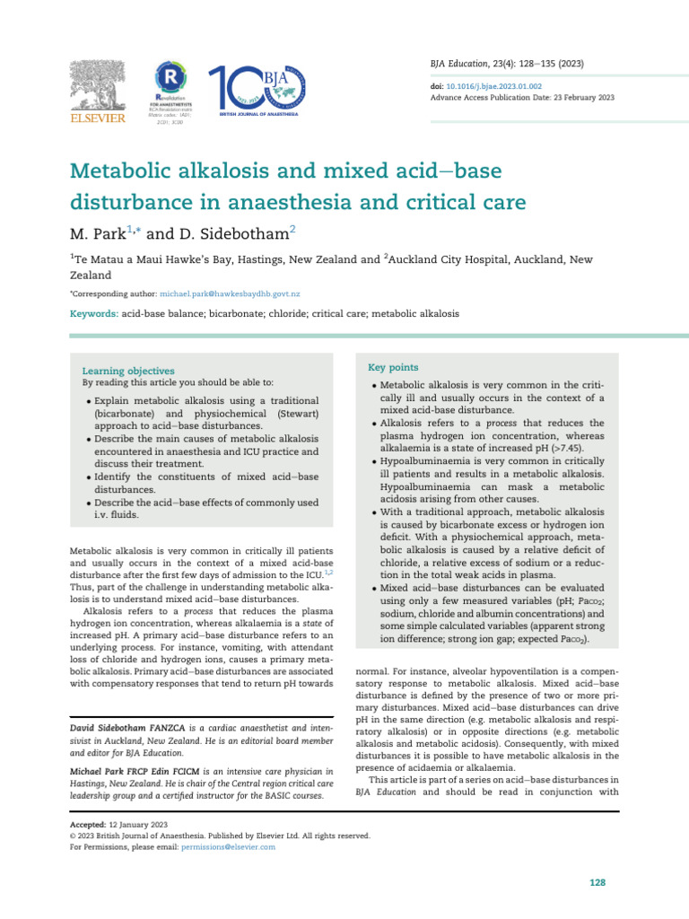 Metabolic alkalosis and mixed acid-base disturbance in anaesthesia and ...