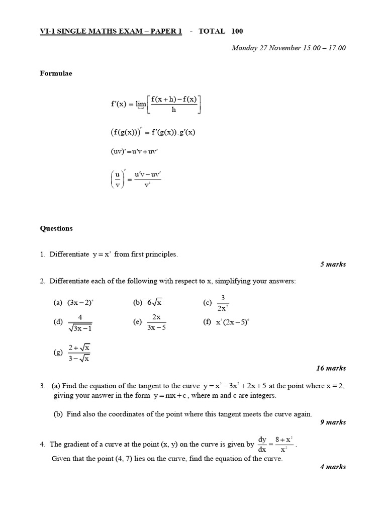 2023 6.1s Maths Past Paper | PDF | Tangent | Equations