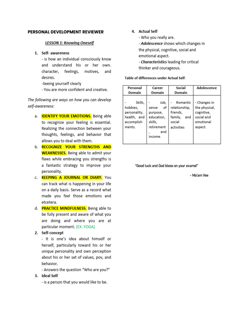 Personal Development Reviewer | PDF | Feeling | Personal Development