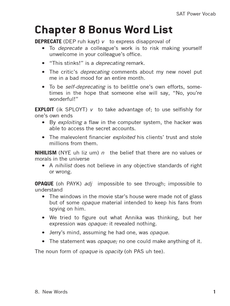 SAT Power Vocab Chapter 8 Bonus Word List | PDF