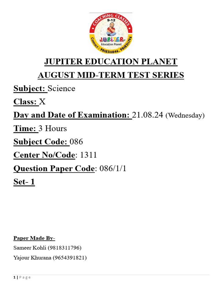 Science Mid Term 10 | PDF | Eye | Chemistry