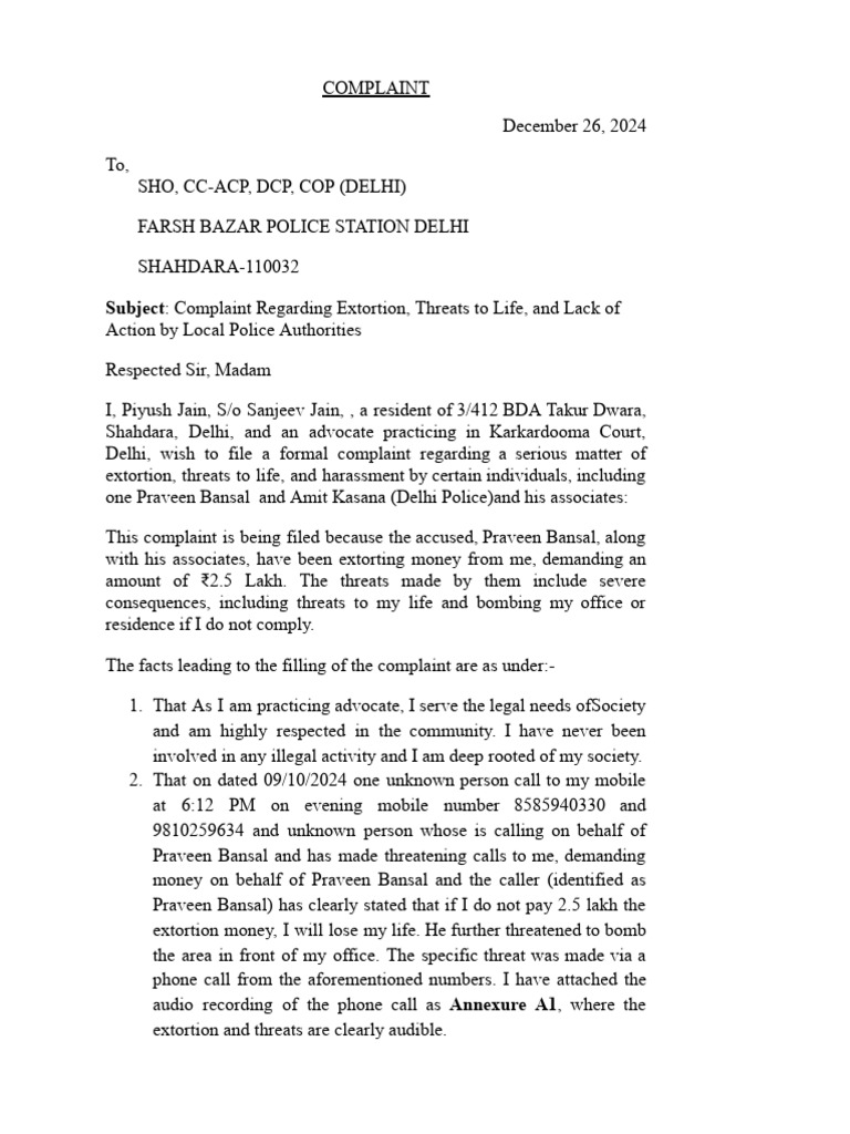 COMPLAINT COP - Docx Piyush Jain | PDF | Extortion | Crime & Violence