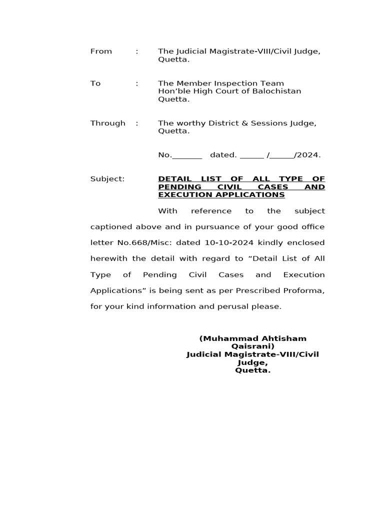 Covering Letter For Detail List of All Type of Pending Civil Cases and ...