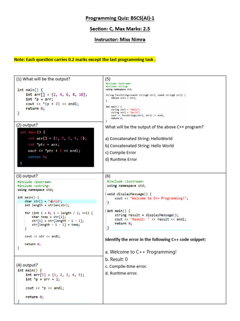 C++ Programming Quiz: BSCS(AI)-1 | PDF