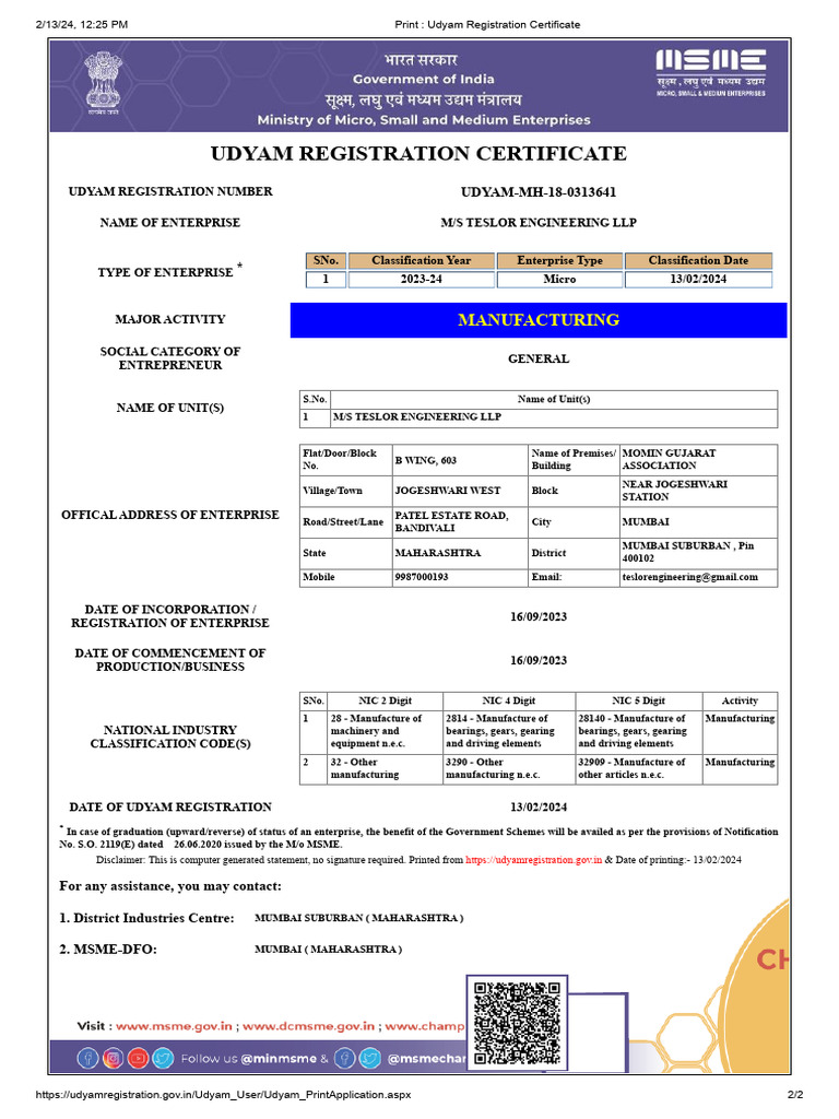 TESLOR-Udyam MSME Certificate | PDF
