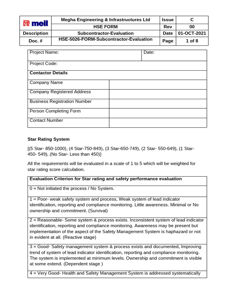HSE-5026-FORM-Subcontractor-Evaluation-00 | PDF | Safety | Business