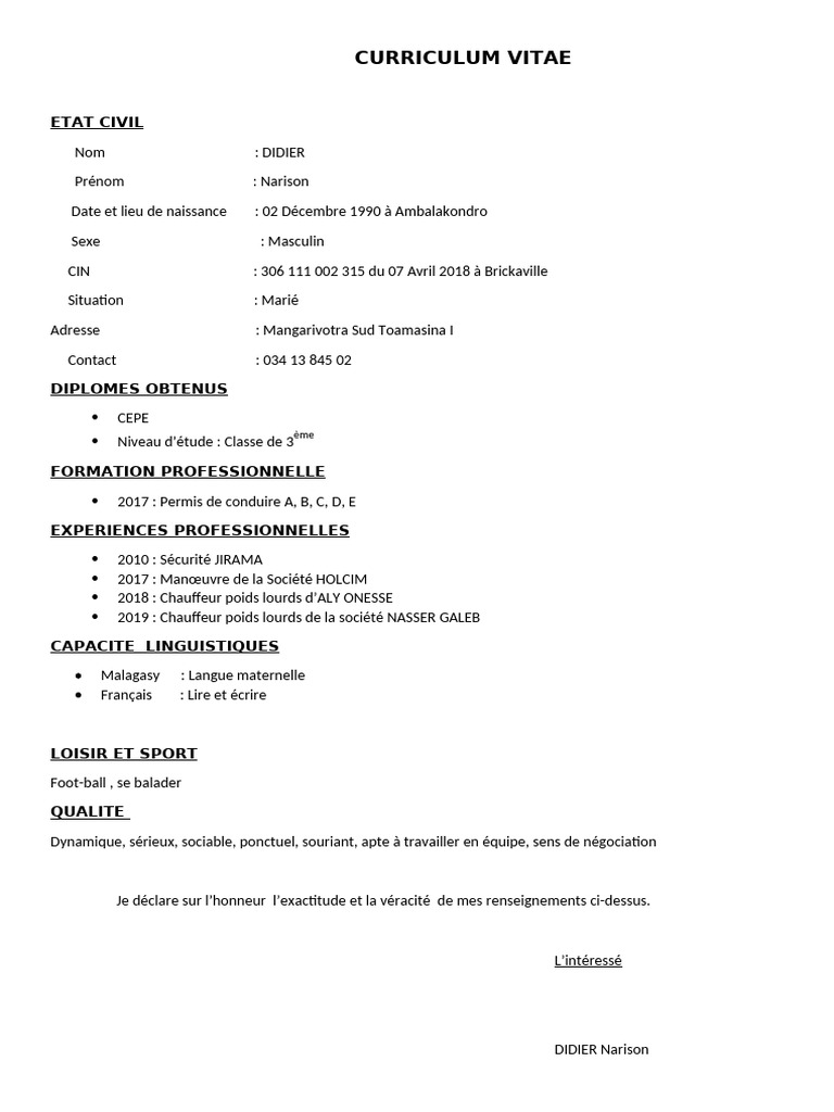 CV de Didier Narison | PDF