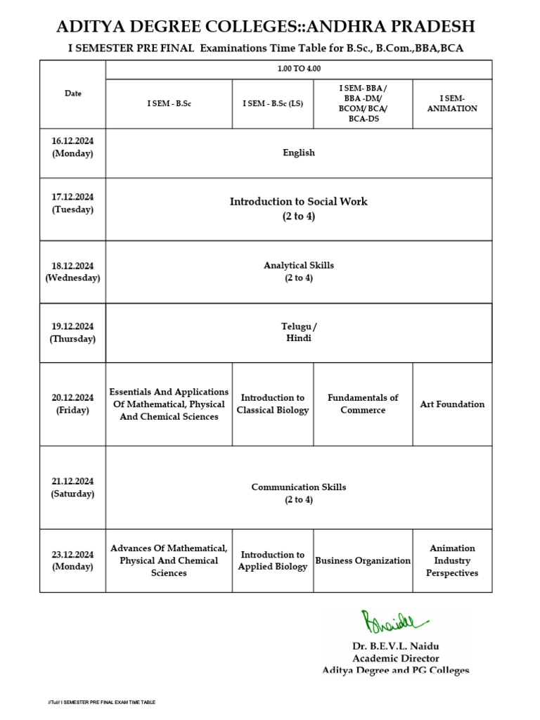 I Semester Pre Final Exam Time Table | PDF