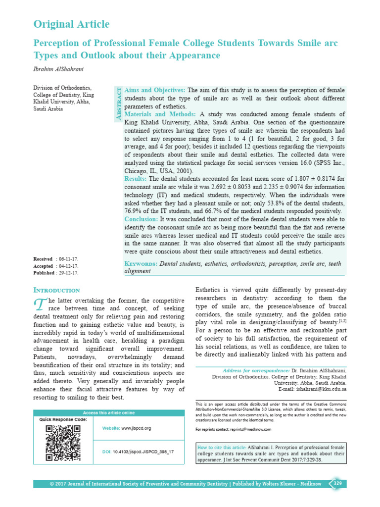 Smile Article Alshahrani 2017 Ksa | PDF | Orthodontics | Sampling ...