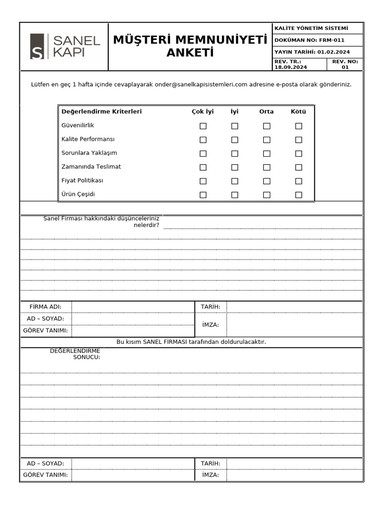 FRM-011 Müşteri Memnuniyet Anketi Formu | PDF