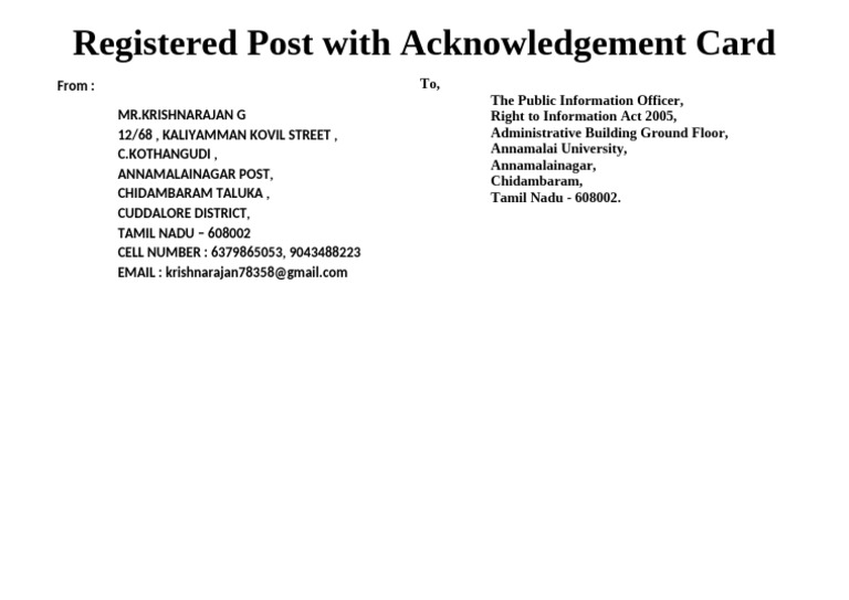 Registered Post With Acknowledgement Card | PDF