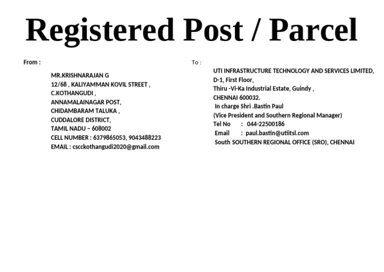 The UTI Office SOUTHERN REGIONAL OFFICE (SRO), CHENNAI cover letter | PDF