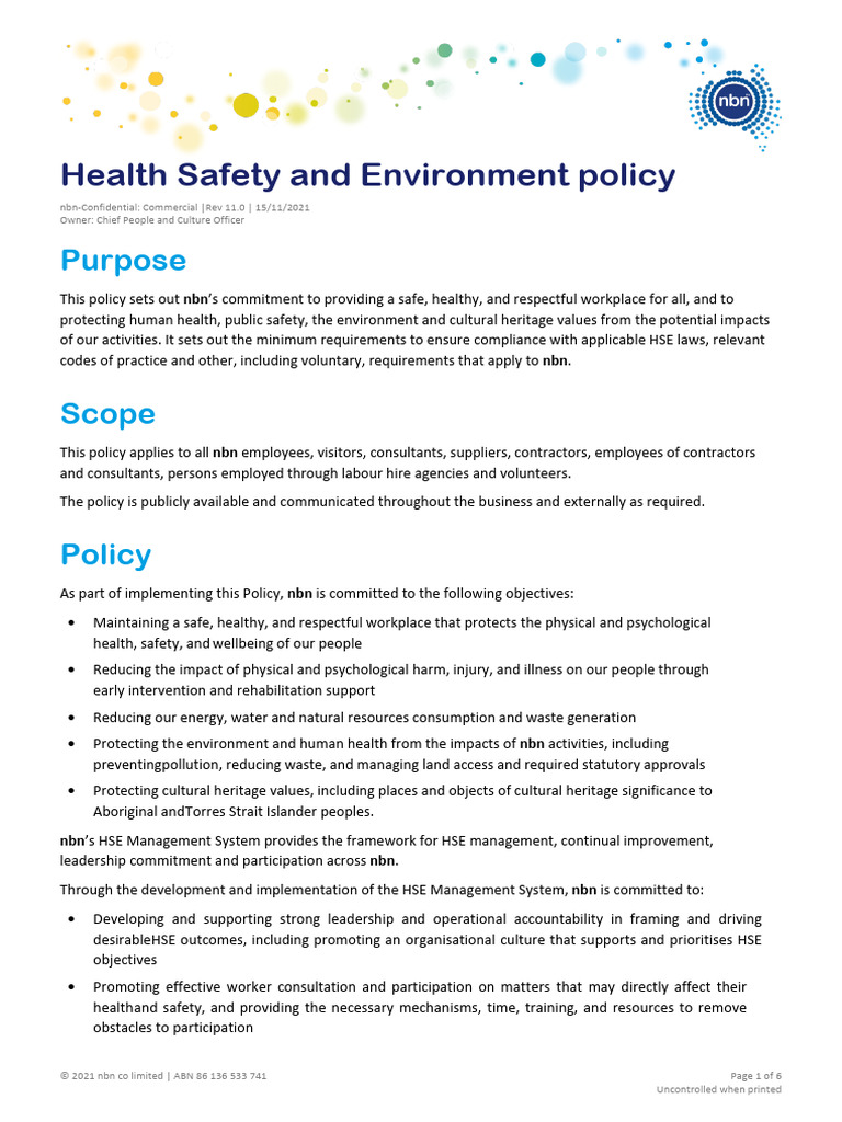 nbn Health Safety and Environment Policy | PDF | Occupational Safety ...
