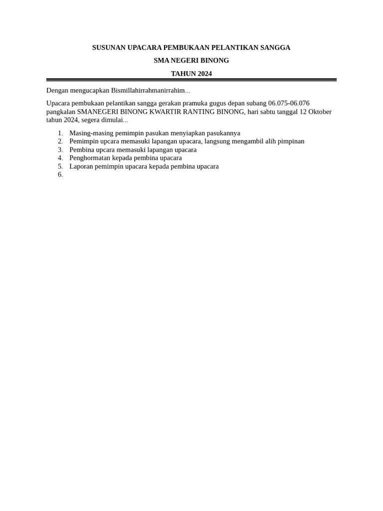 Susunan Upacara Pembukaan Pelantikan Sangga PDF