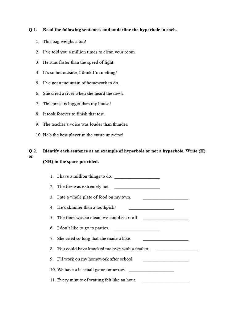 Hyperbole Worksheet | PDF