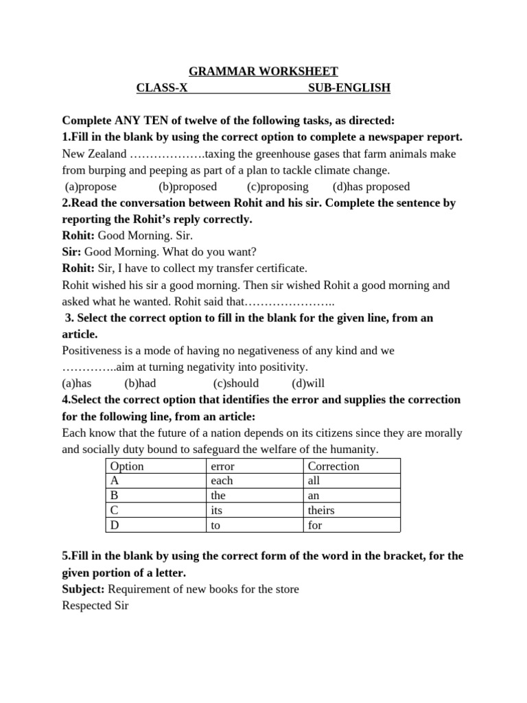 Grammar Revision Worksheet - Class X Hy | PDF