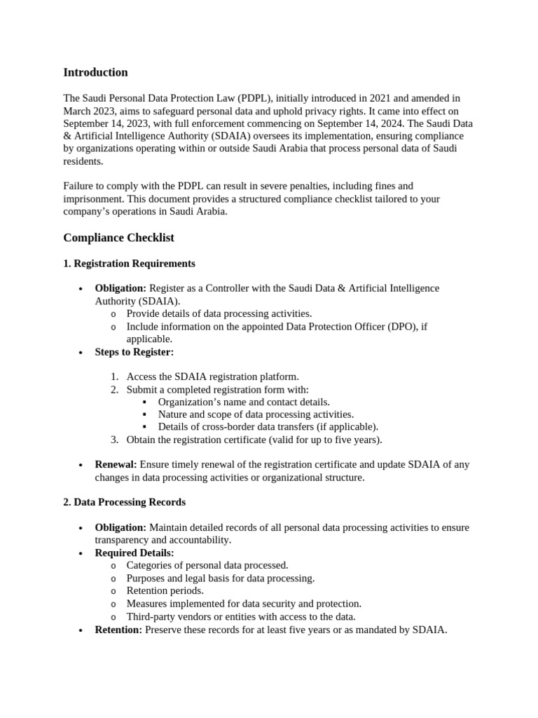 PDPL Checklist | PDF | Audit | Computer Security