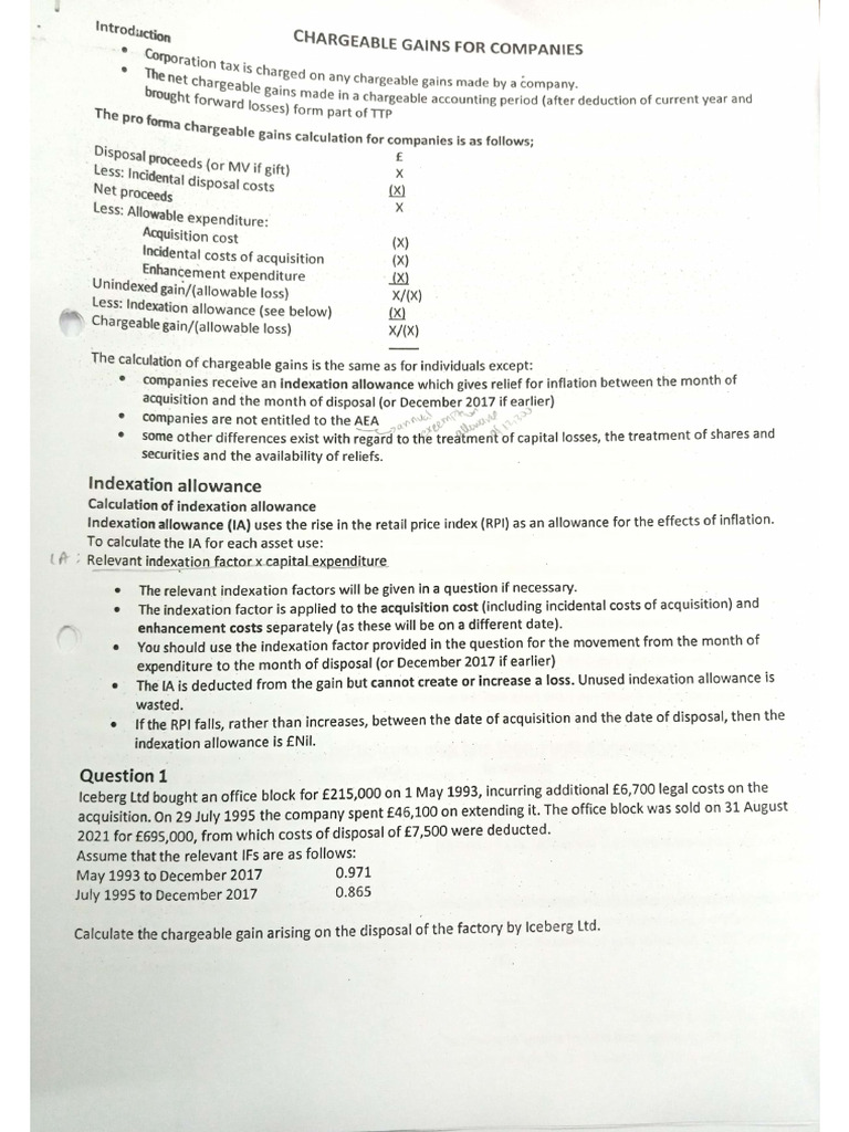 Chargeable Gains For Companies - Notes | PDF