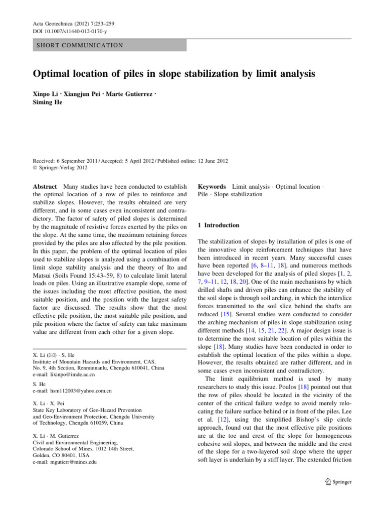 Li2012 Article OptimalLocationOfPilesInSlopeS | PDF | Deep Foundation | Force