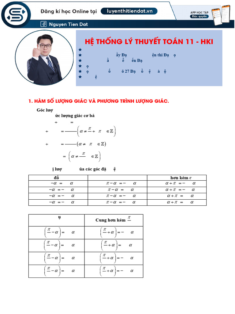 Hệ Thống Lí Thuyết Toán 11 (Hk1) | PDF