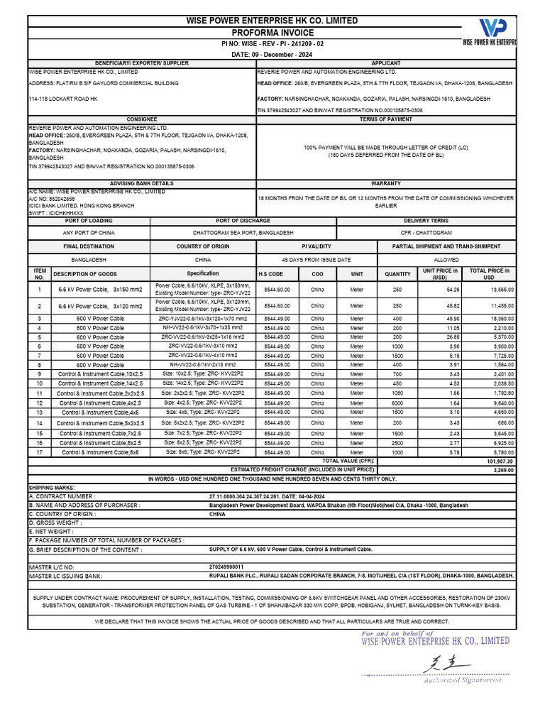 Power & Control Cables Invoice | PDF | Electric Power