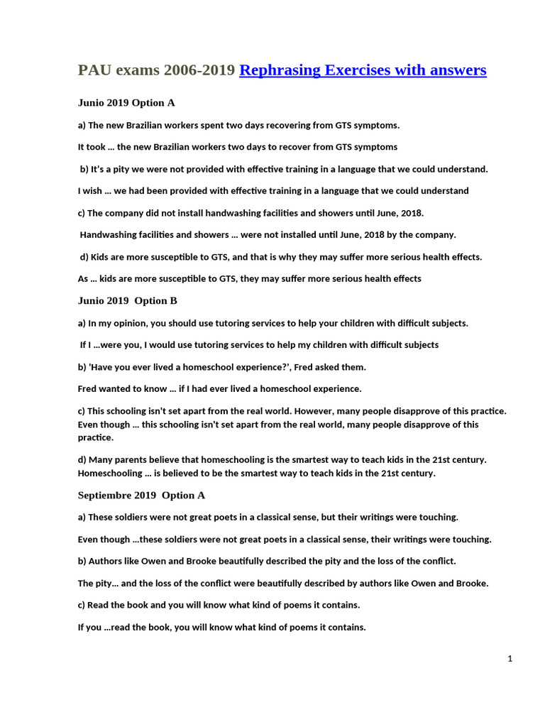 Rephrasing PAU Exams 2003-2019 + KEY | PDF | Tobacco Smoking | Addiction