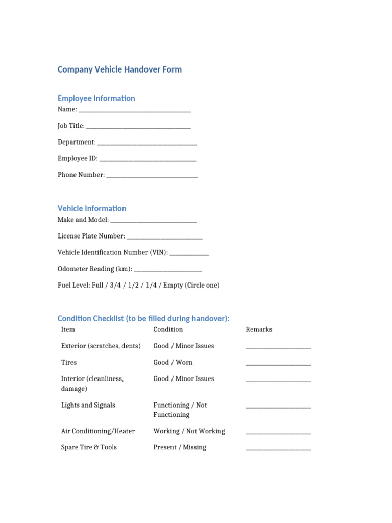 Company Vehicle Handover Form | PDF