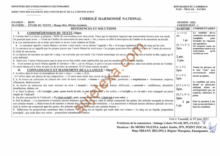 Corrigé Harmonisé National - Bepc Session 2022 Etude de Texte Cameroun | PDF