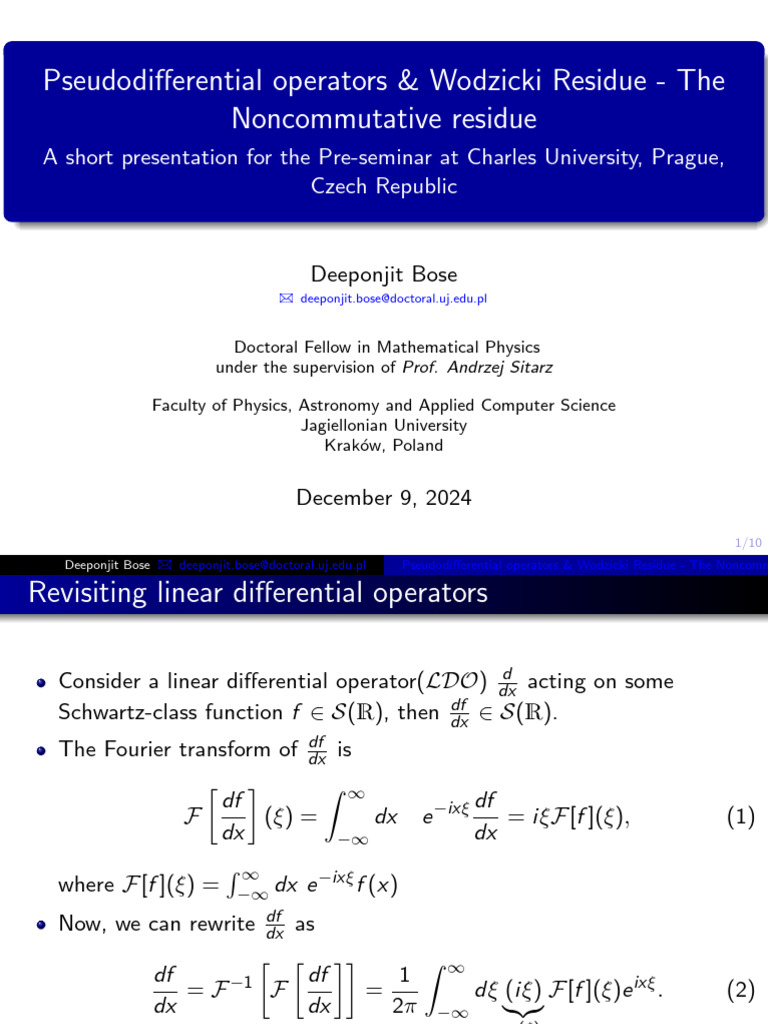 Pseudodifferential operators & Wodzicki Residue | PDF | Algebra | Operator Theory