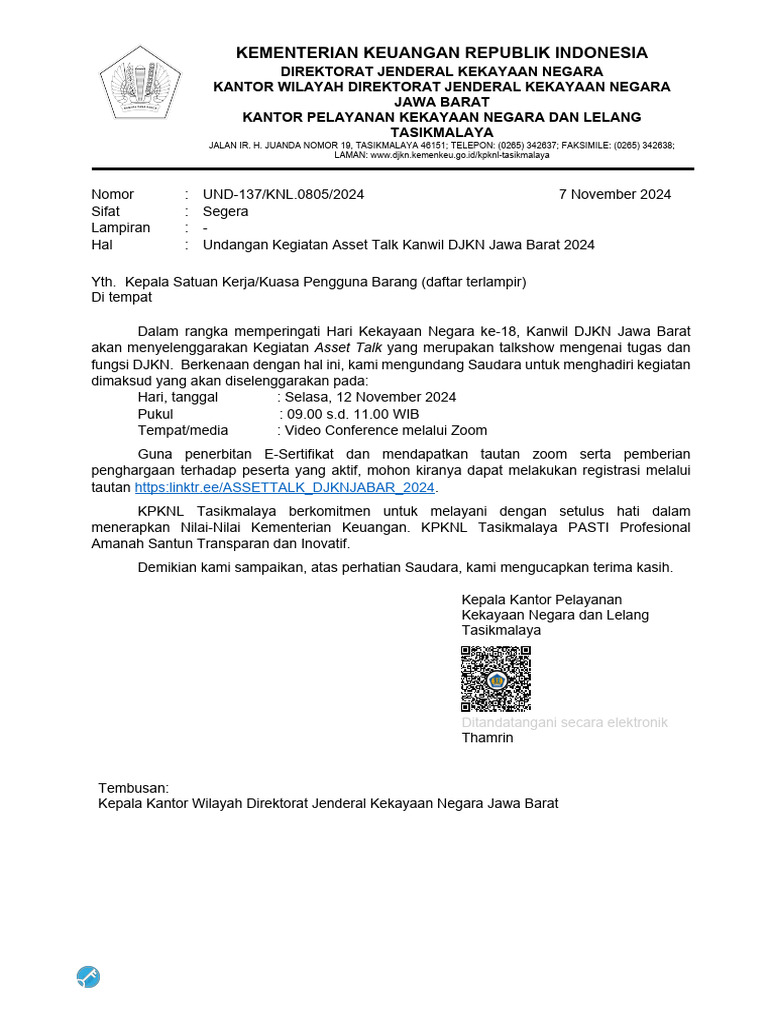 Undangan Asset Talk DJKN Jabar 2024 | PDF