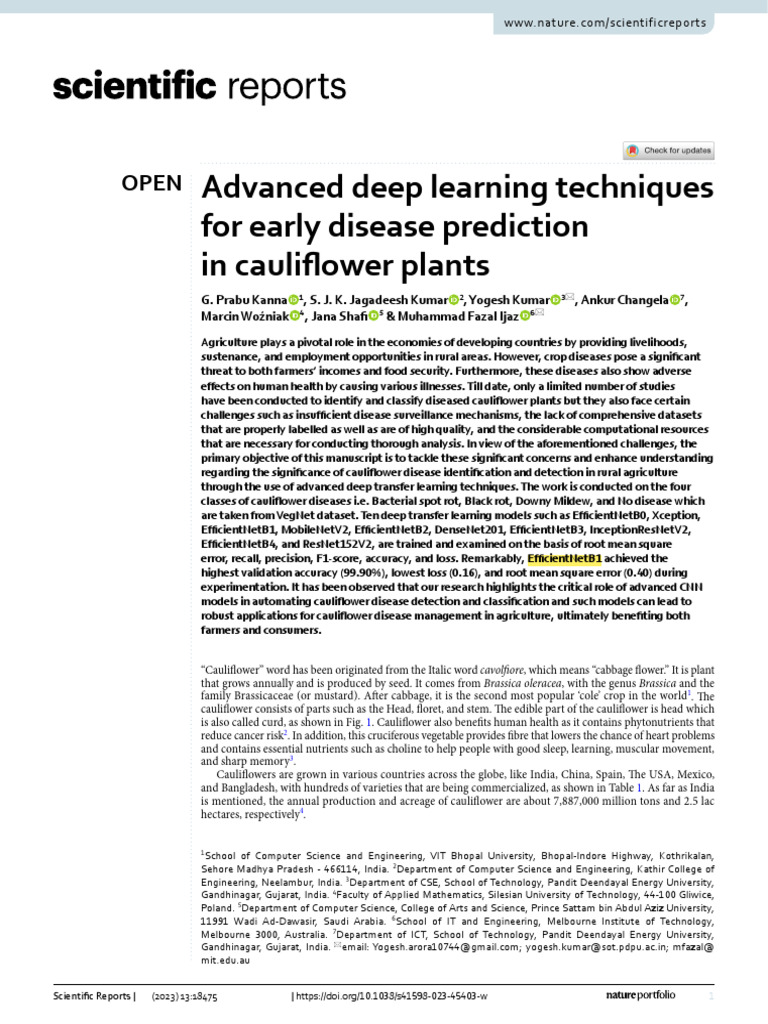 Advanced Deep Learning Techniques For Early Disease Prediction In Caulifower Plants Pdf Deep