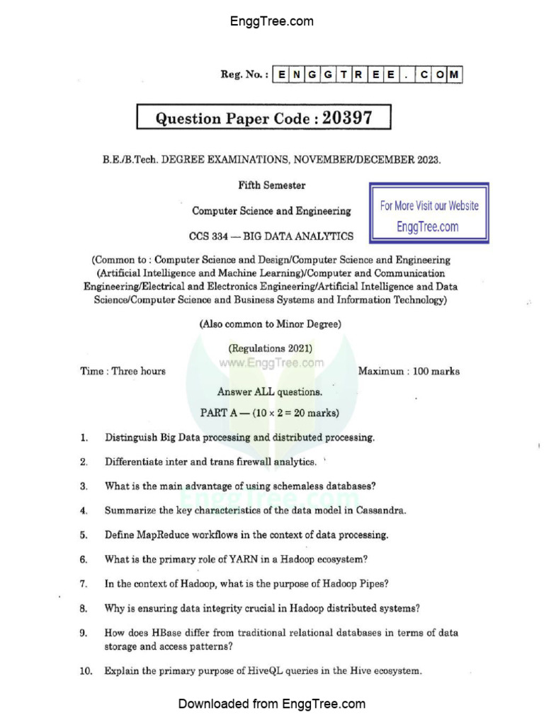CCS334 Big Data Analytics Nov Dec 2023 Question Paper Download | PDF