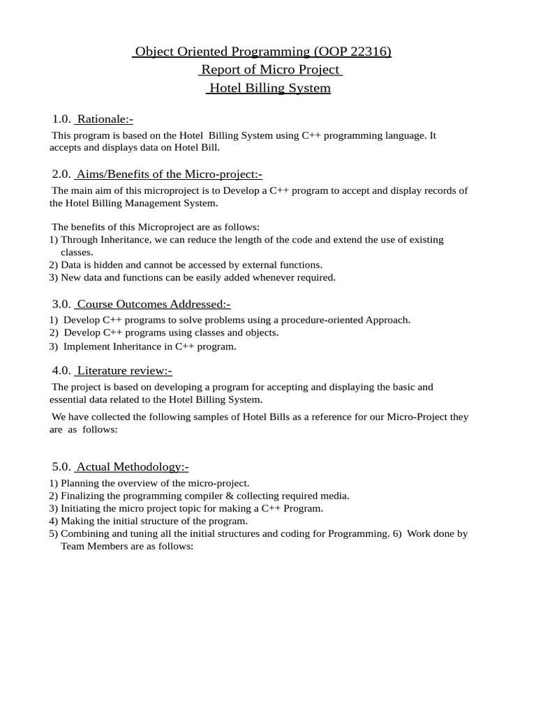 C++ Hotel Billing System Project Report | PDF | C++ | Object Oriented Programming