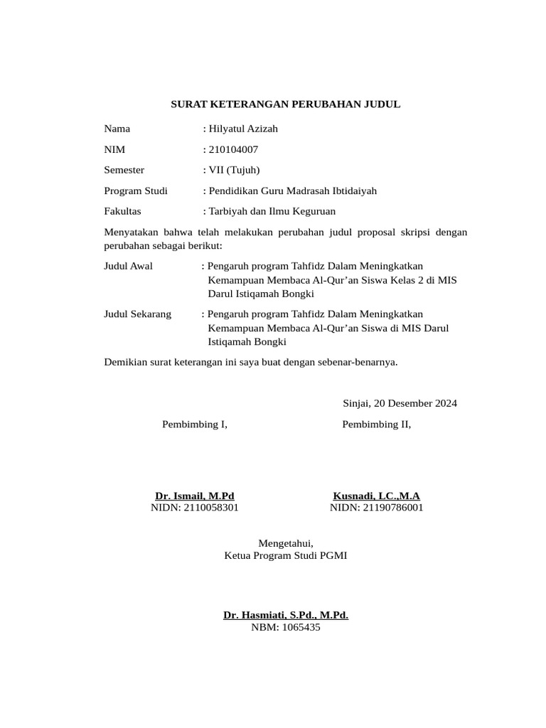 SURAT KETERANGAN PERUBAHAN JUDUL HILYA | PDF