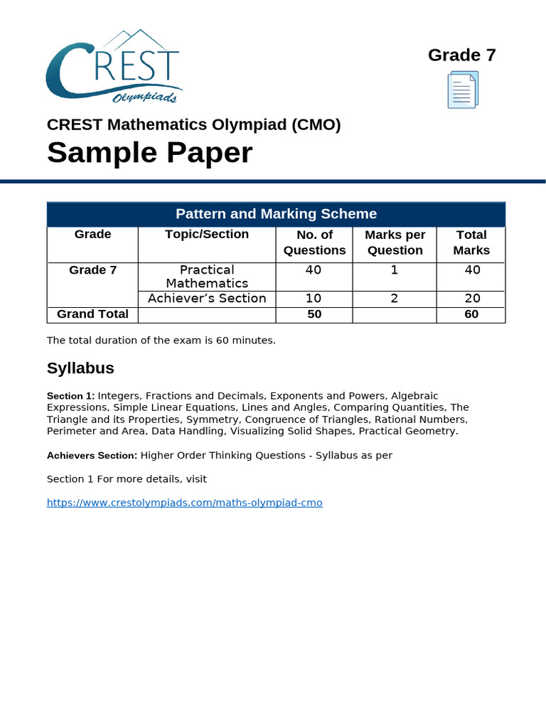 CMO Sample Paper For Class 7 | PDF | Mathematics | Elementary Mathematics