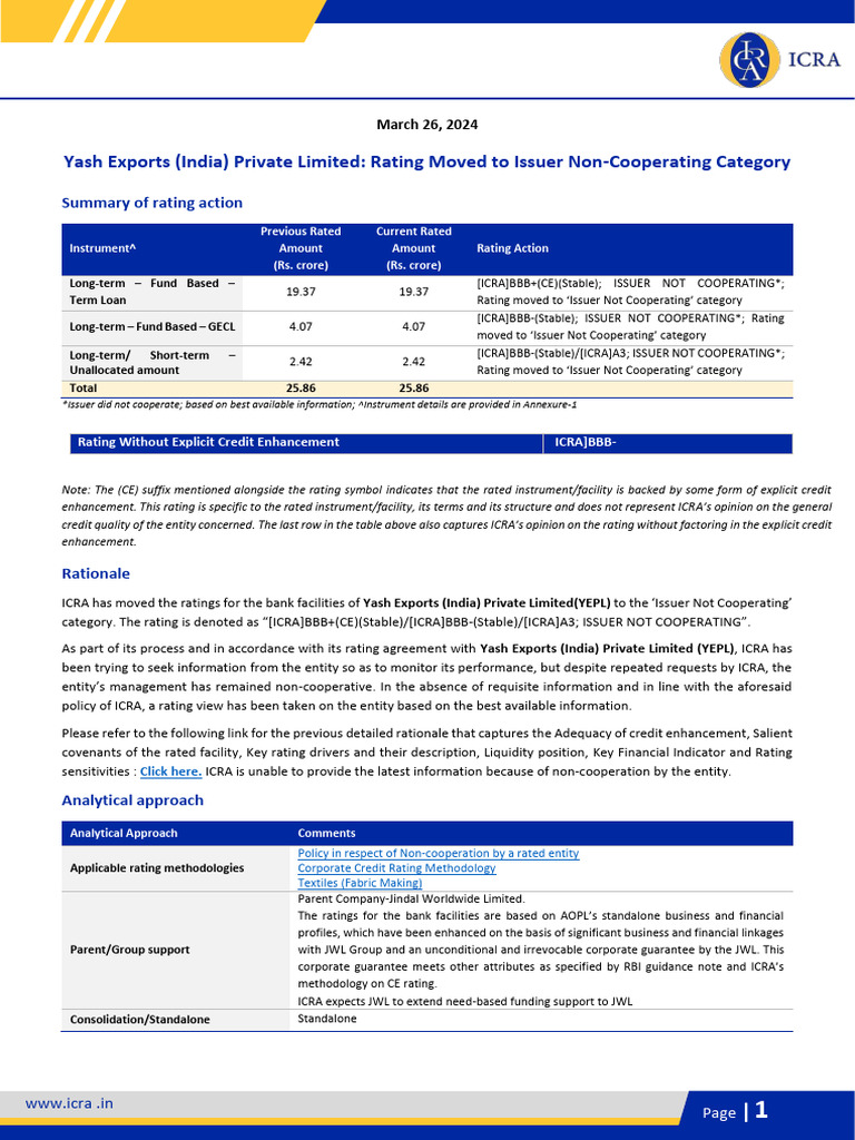 Yash Exports (India) Private Limited | PDF | Credit Rating Agency | Moody's Investors Service