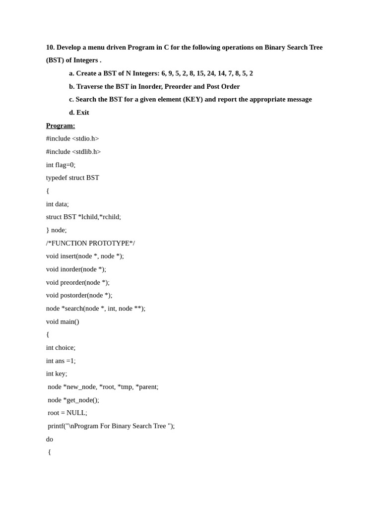 Exp 10 Binary Search Tree Bst Pdf Algorithms And Data Structures Computer Programming