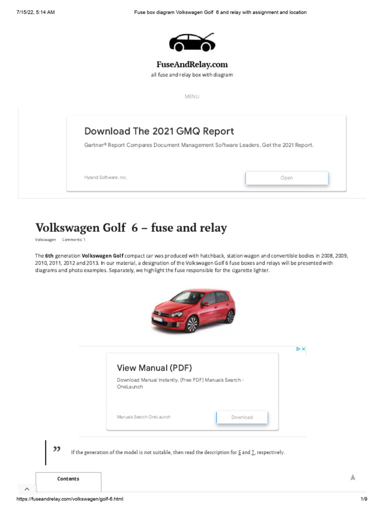 Fuse Box Diagram Volkswagen Golf 6 and Relay With Assignment and Location | PDF | Relay | Volkswagen
