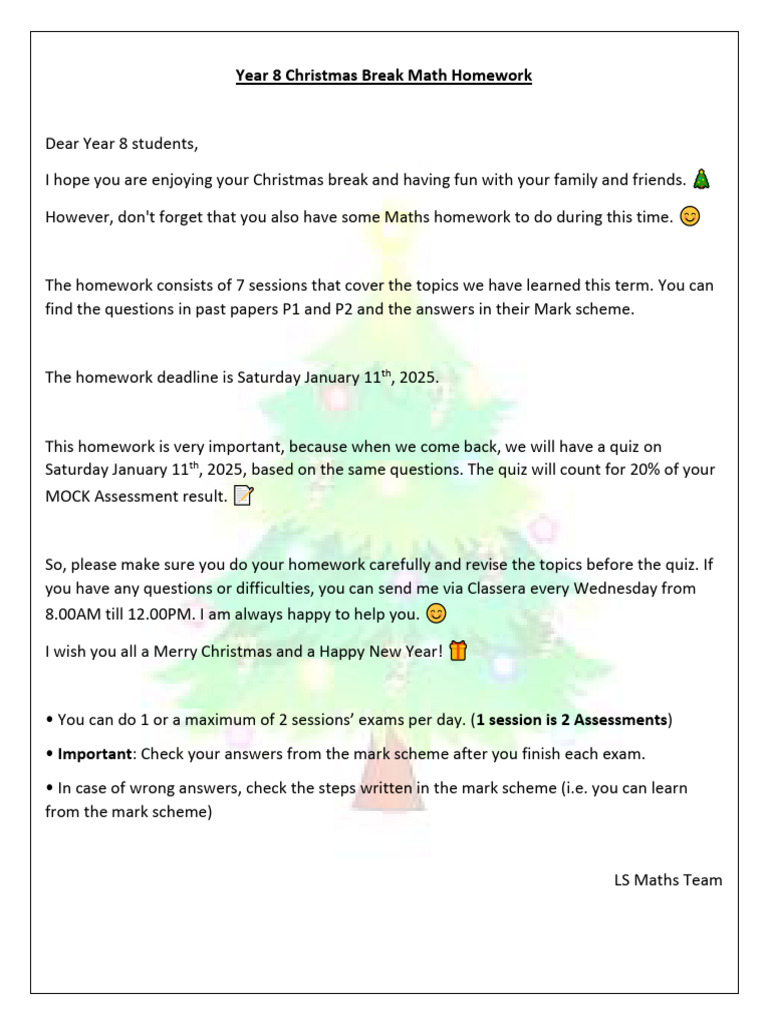 Year 8 Christmas Math Homework Guide | PDF | Educational Assessment And ...